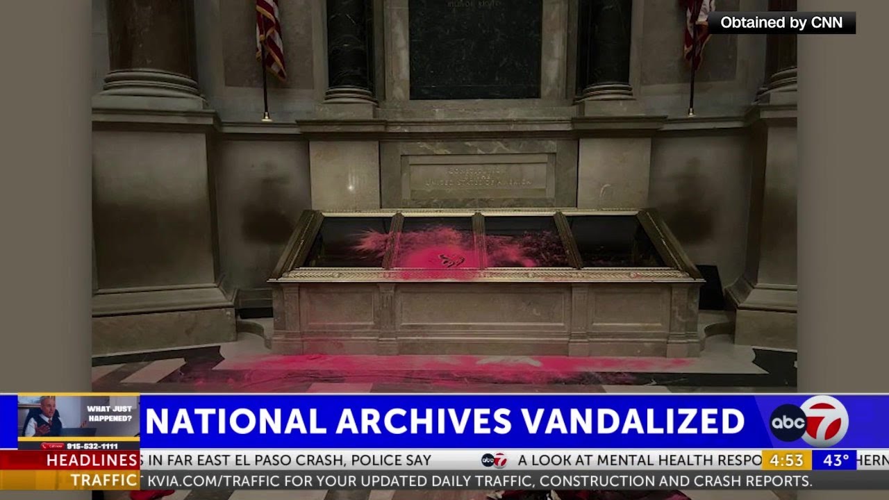 US Constitution encasement vandalized with red powder at National ...