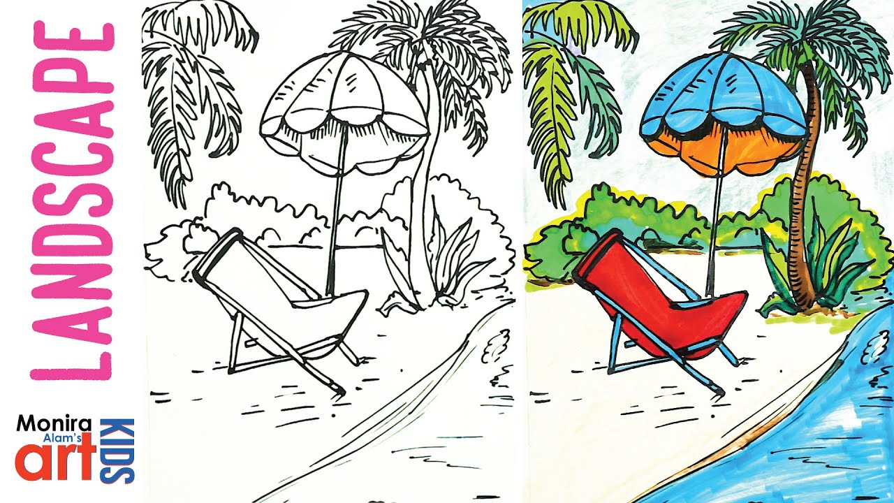 Landscape drawing for kids | Summer landscape Drawing - YouTube