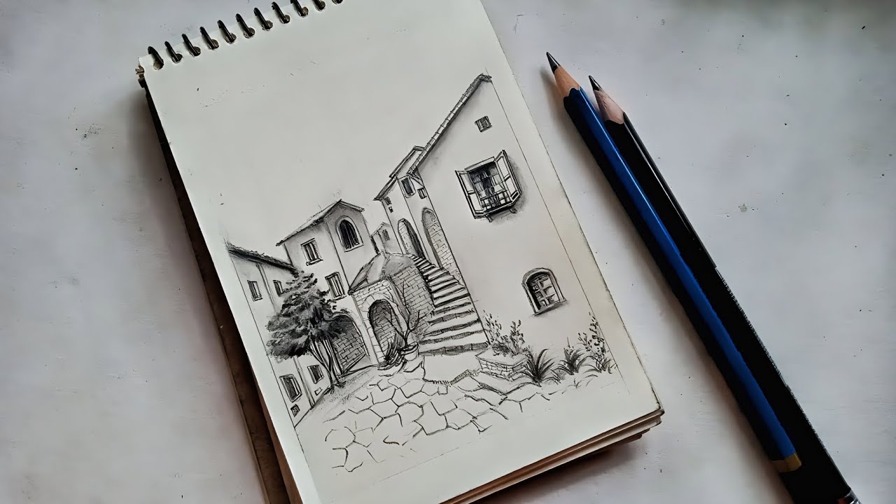 Pencil sketch of italian village. Simple pencil sketch, easy artwork ...