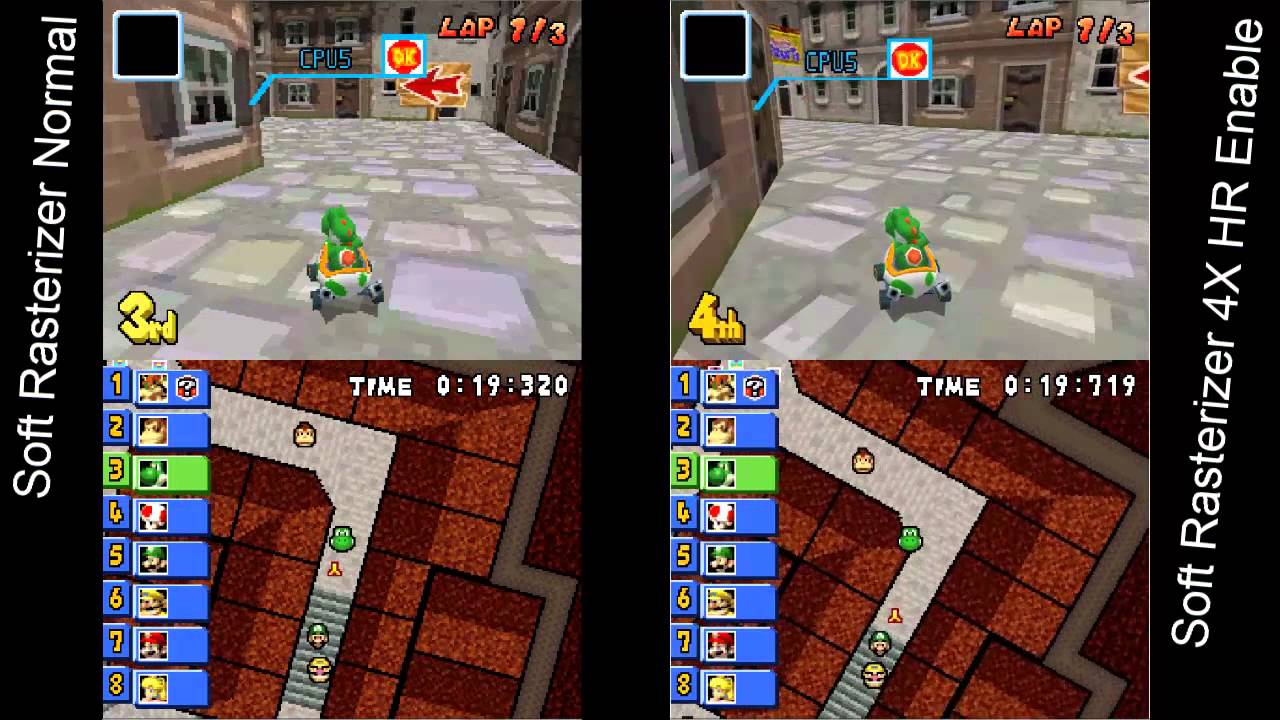 Mario Kart DS - New Desmume Test (Softrasterize VS Hi-Res) - YouTube