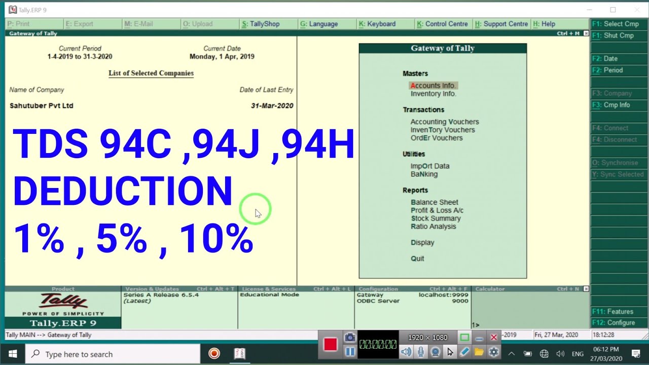 TALLY ERP TDS DEDUCTION 94C 94J 94H - YouTube