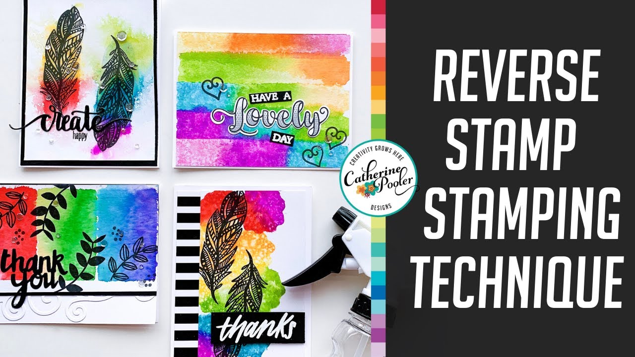 Reverse Stamp Stamping - Four Cards with Rainbow Colors - YouTube