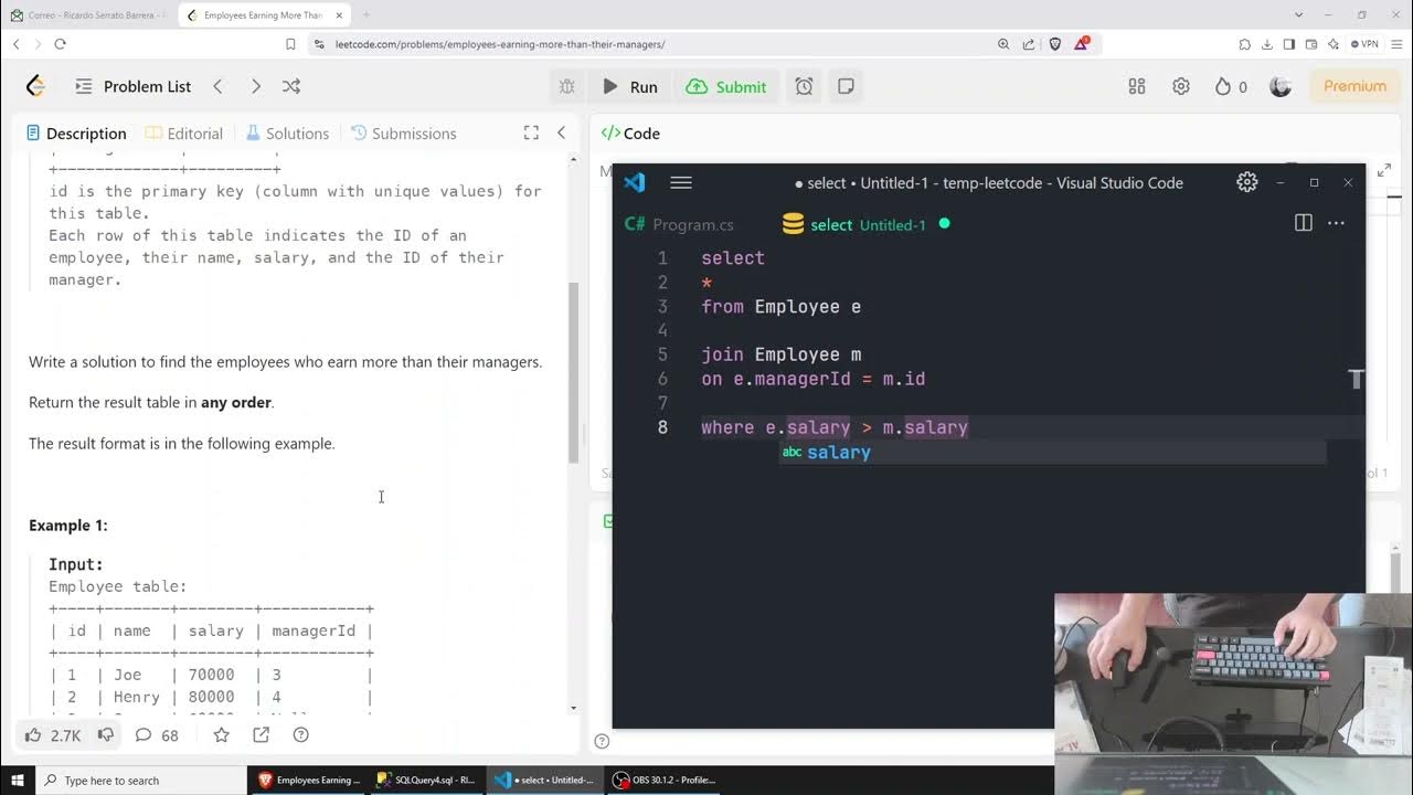 Solving Leetcode Problems 81. Employees Earning More Than Their Managers - YouTube