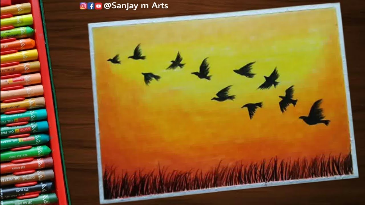 Sunset Birds Drawing with Oil Pastels step by step very easy tutorial ...