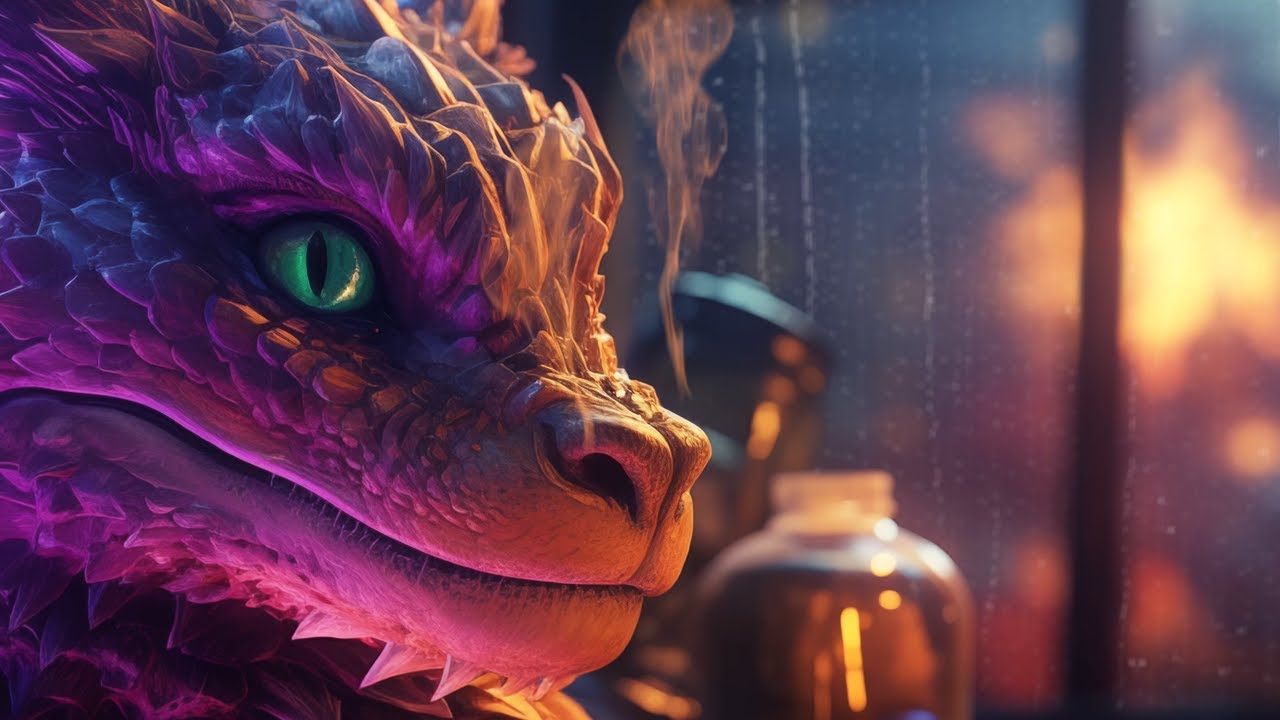 Unwind with a Purring Dragon and Cozy Fireplace on a Rainy Neon Night 🐲 ...