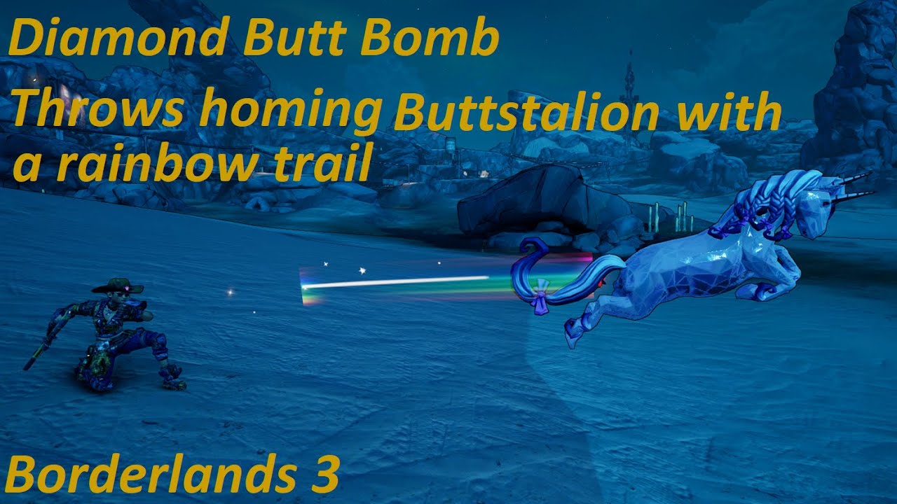 Borderlands 3: Diamond Butt Bomb. Throws Buttstallion with a rainbow explosion - YouTube