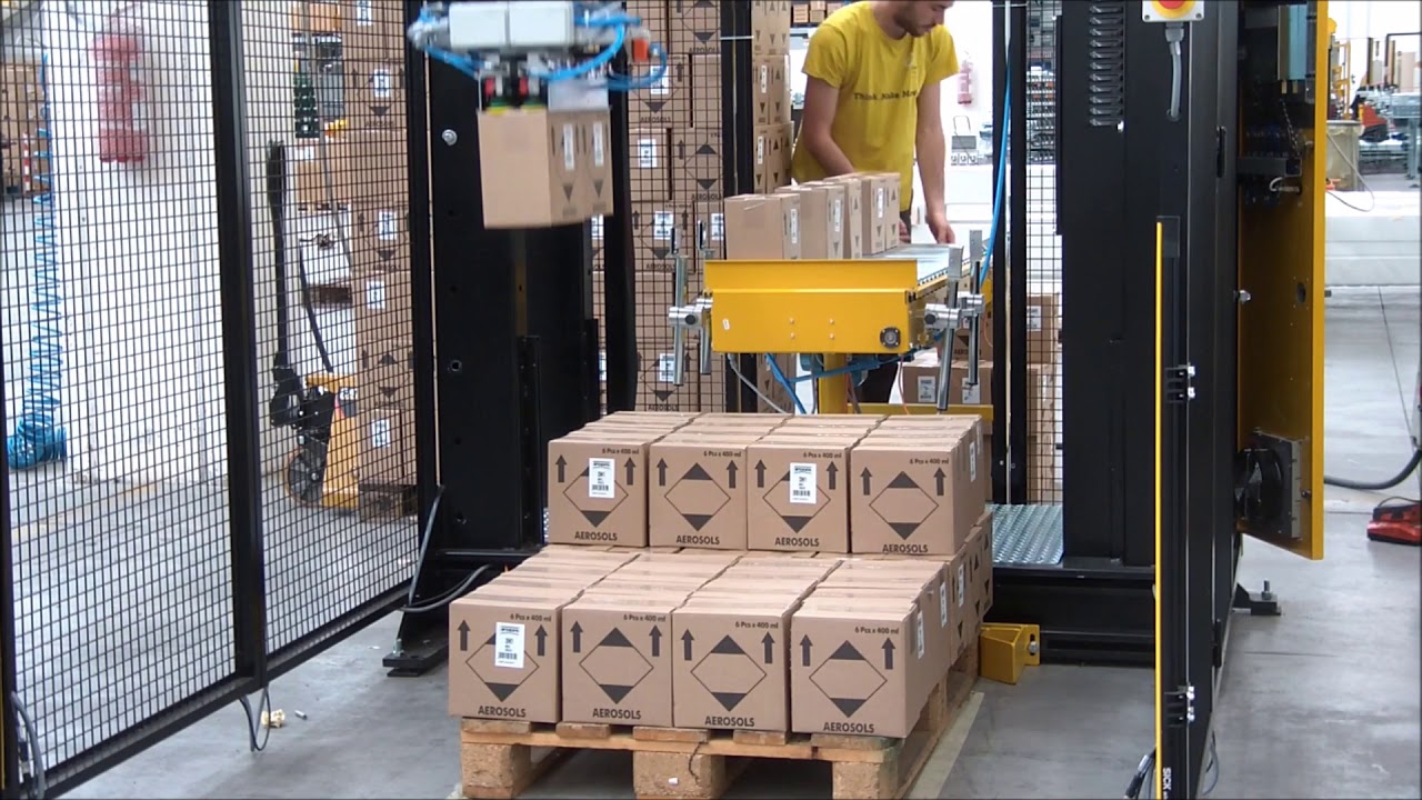 Spray cans are pallettized by Skilled robots - YouTube