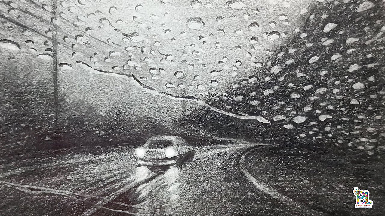 How to draw Road view through front car window mirror with rain drops ...