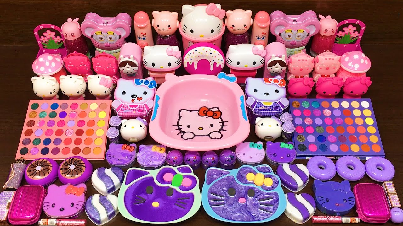 HELLO KITTY PINK vs PURPLE ! Mixing CLEAR Slime with Many Things ...