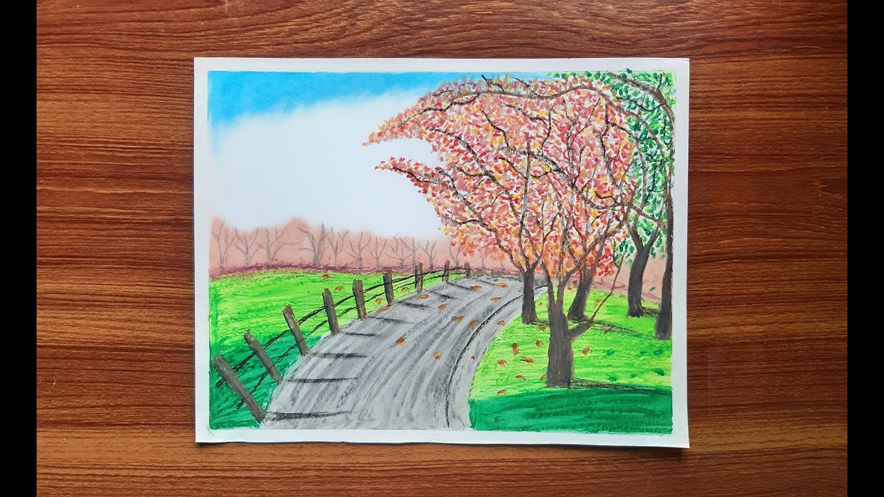 How to Draw Beautiful Cherry Trees and Landscape Greenery with Oil ...