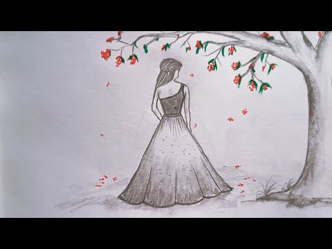 How to Draw a cute Girl with Red Tree | Girl sketch | Backside Girl ...