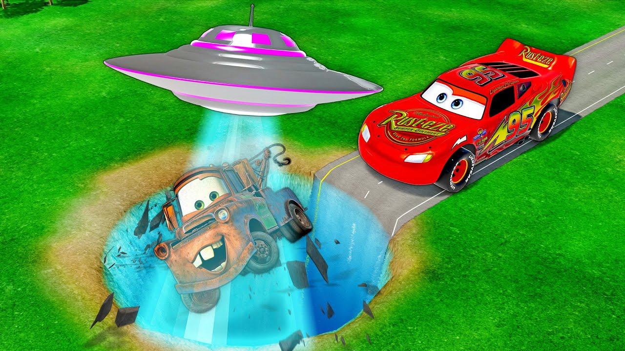 Mega UFO Alien Pit Vs McQueen and Pixar cars! BeamNG. drive! - YouTube