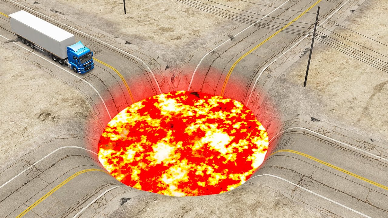 Trucks vs Giant Lava Pit - BeamNG.Drive - YouTube