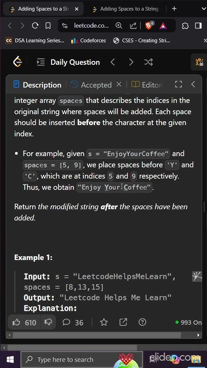 2109 Adding Spaces To A String Editorial Leetcode Leetcode Coding Dailychallenge