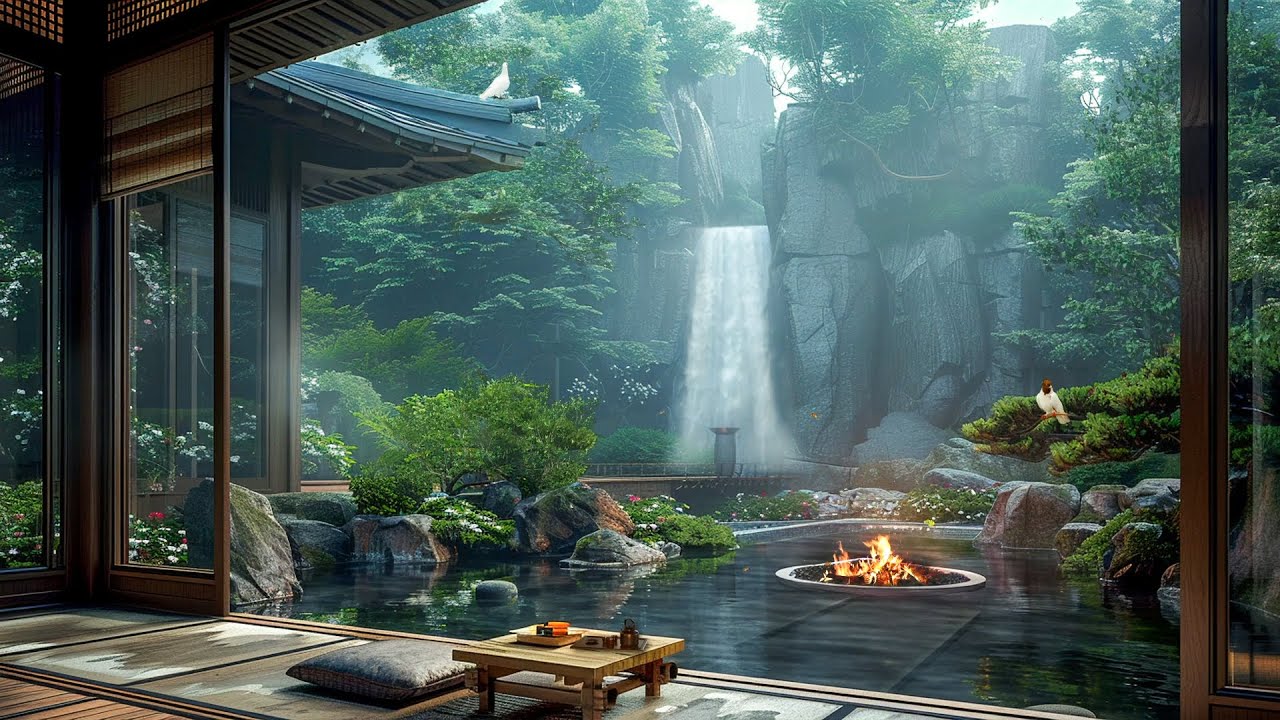 Meditation Zen Garden Ambience - Fire, Waterfall Sound, Birdsong ...