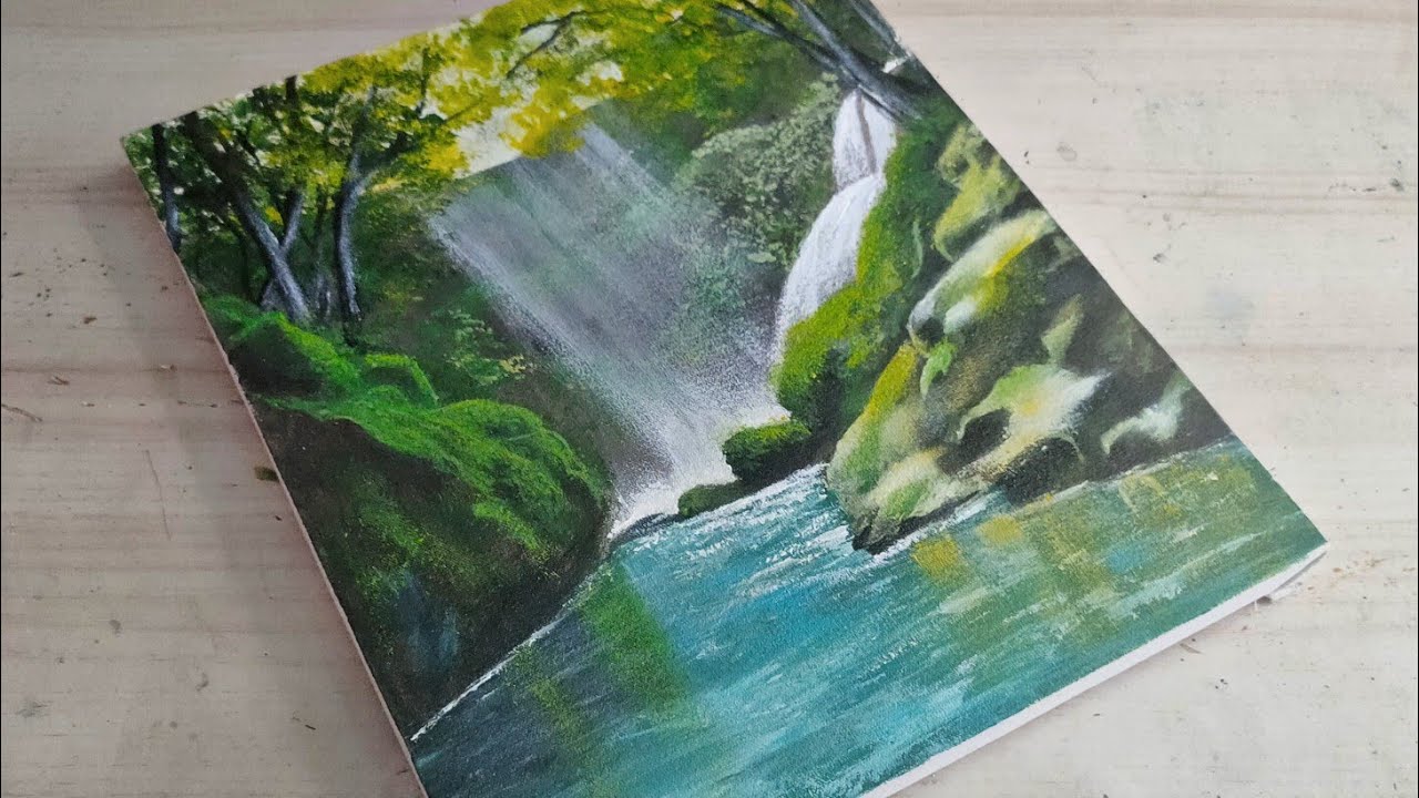cara melukis pemandangan sungai dan air terjun || acrylic painting for ...