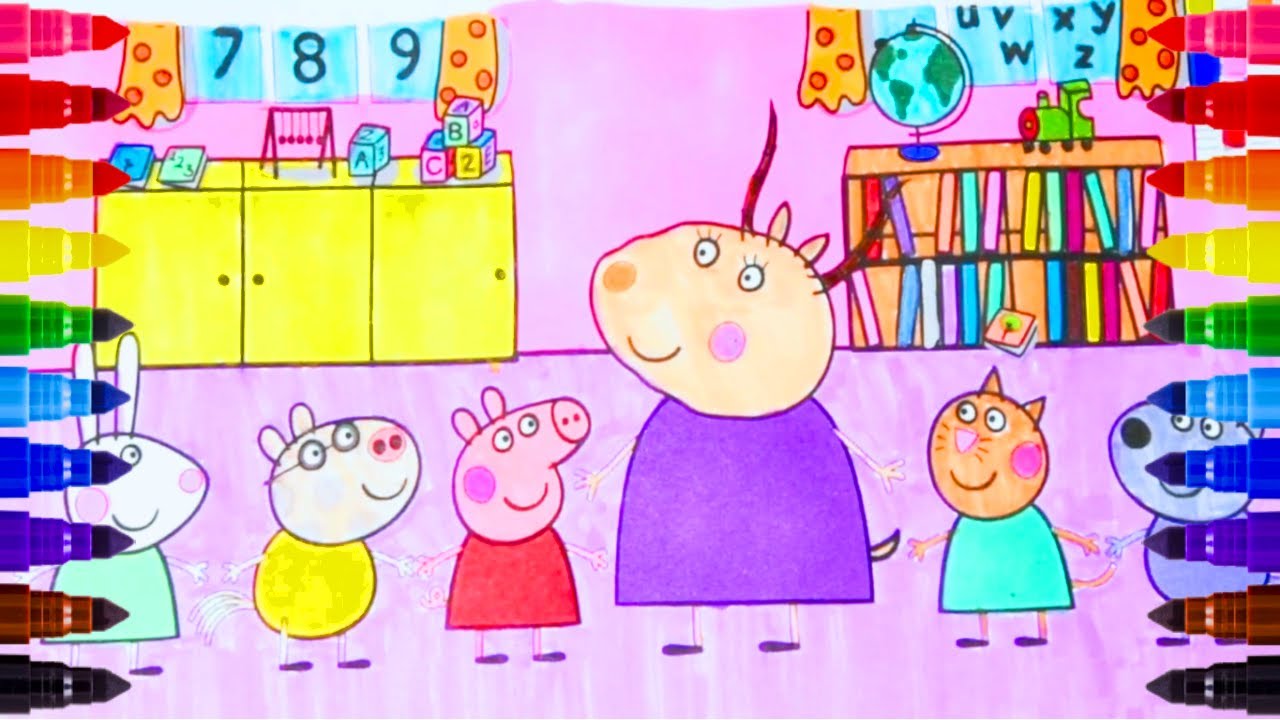 Drawing Peppa Pig at School: Classroom Coloring and Learning Fun - YouTube