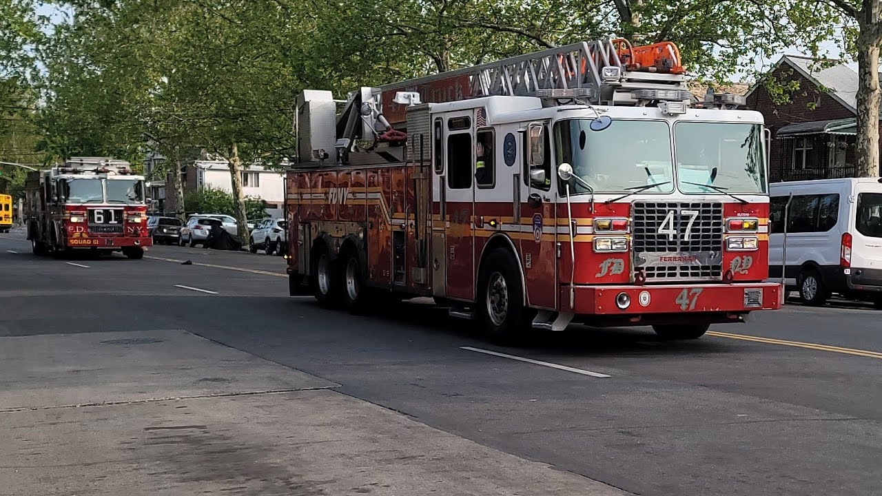 FDNY Ladder 47 and Squad 61 Passing By On Williamsbridge Road In ...