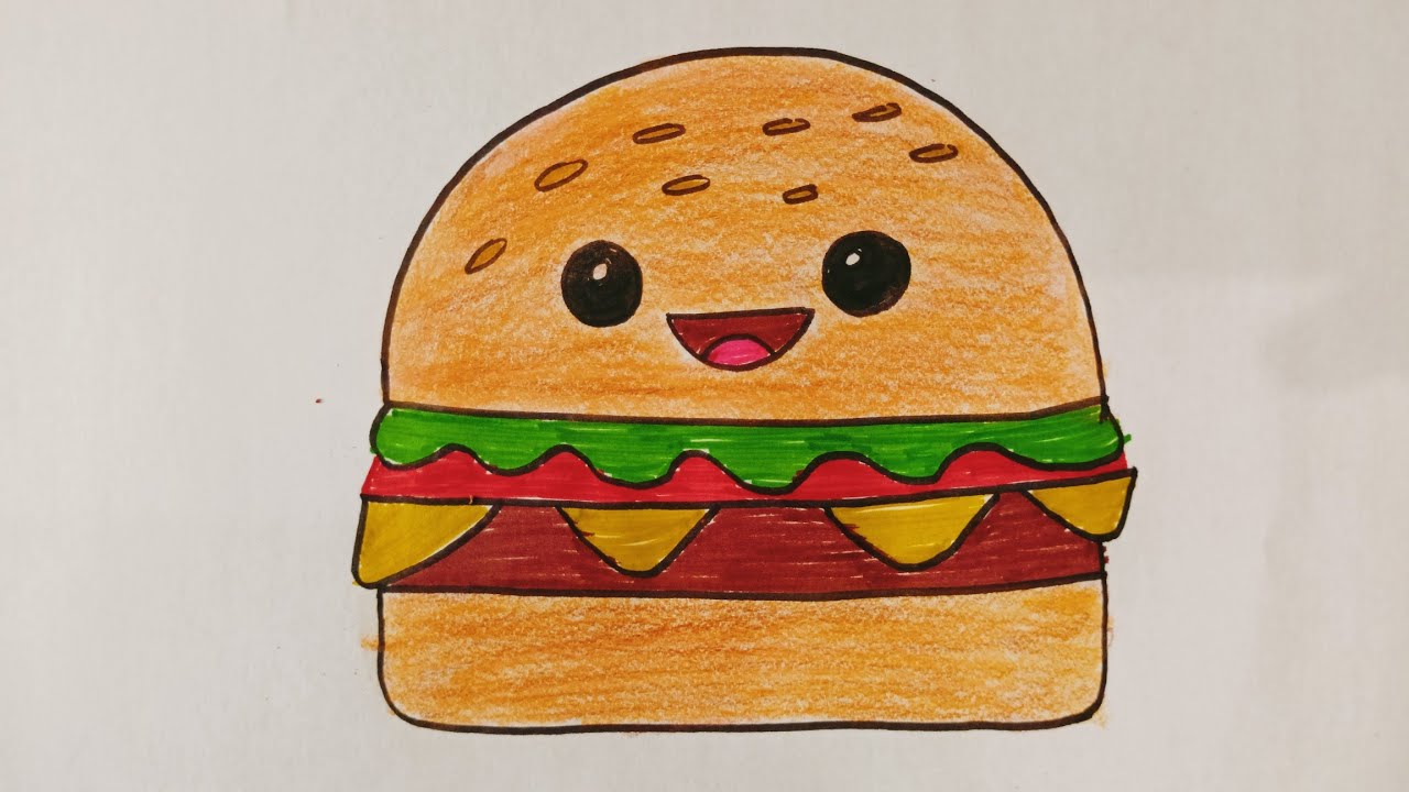 How to Draw a cute Cheeseburger for kids | Easy colouring page | Easy ...