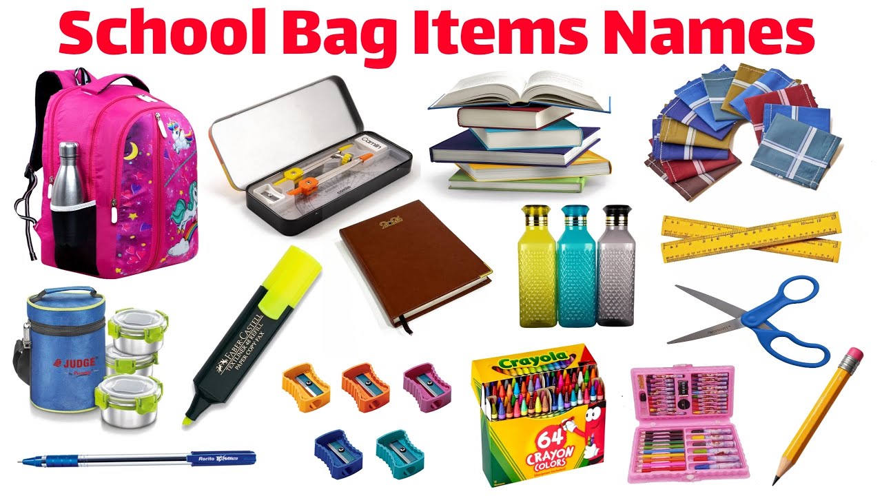 20 School Bag Items Names | Learn School Bag Objects in English | Kids ...
