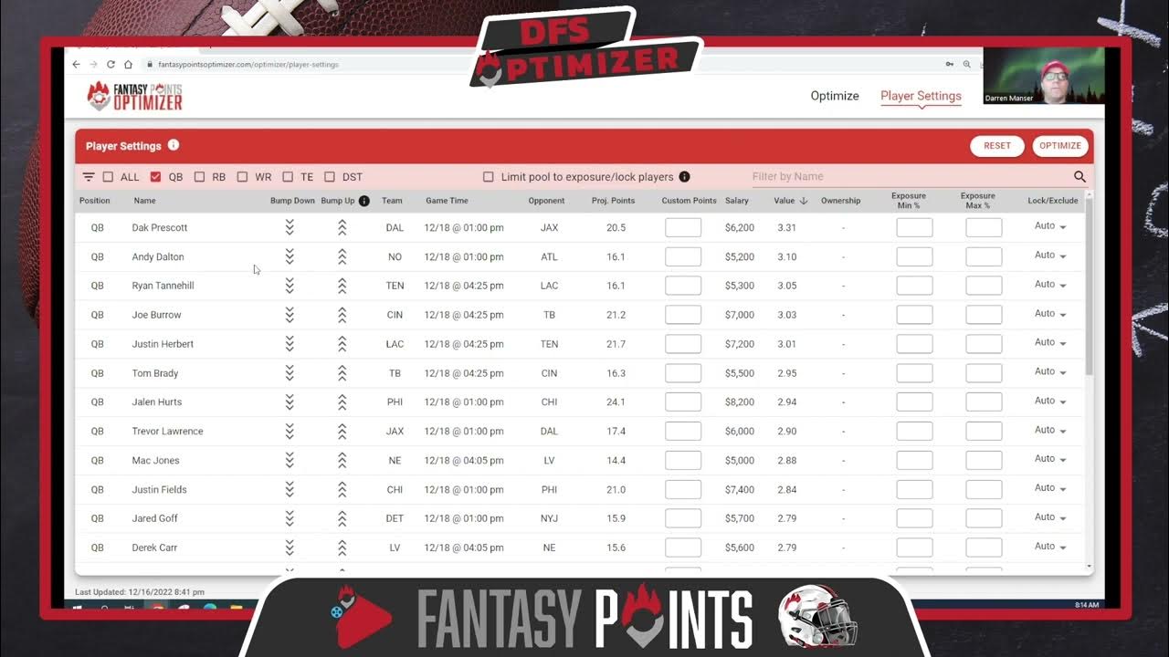 NFL Daily Fantasy Optimizer | Week 15 Lineup Look - YouTube