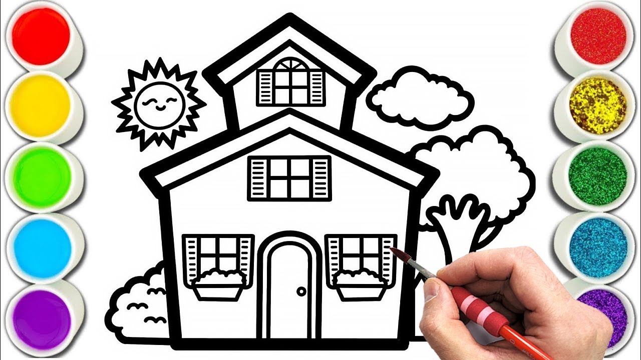 Beautiful House 🏠, Tree 🌴 and Sun☀️ Drawing, Painting & Coloring For ...