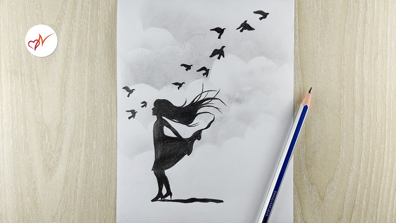 How to draw a happy girl and flying birds | Pencil sketch drawing for ...