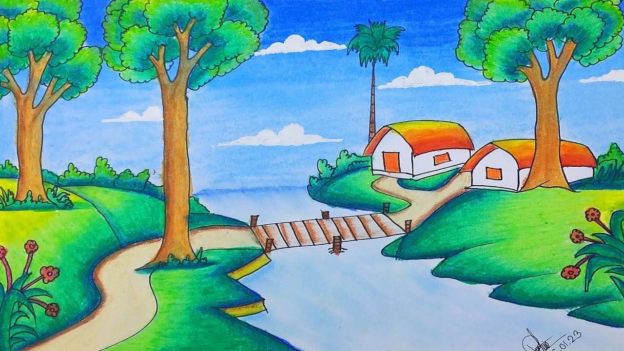 How to Draw Easy Village Scenery | Landscape Village Drawing Use Pastel ...