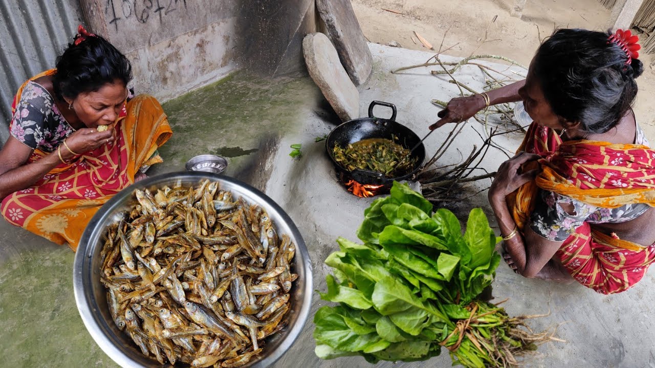 How santali tribe grandmother cooking & eating DRY FISH recipe with ...