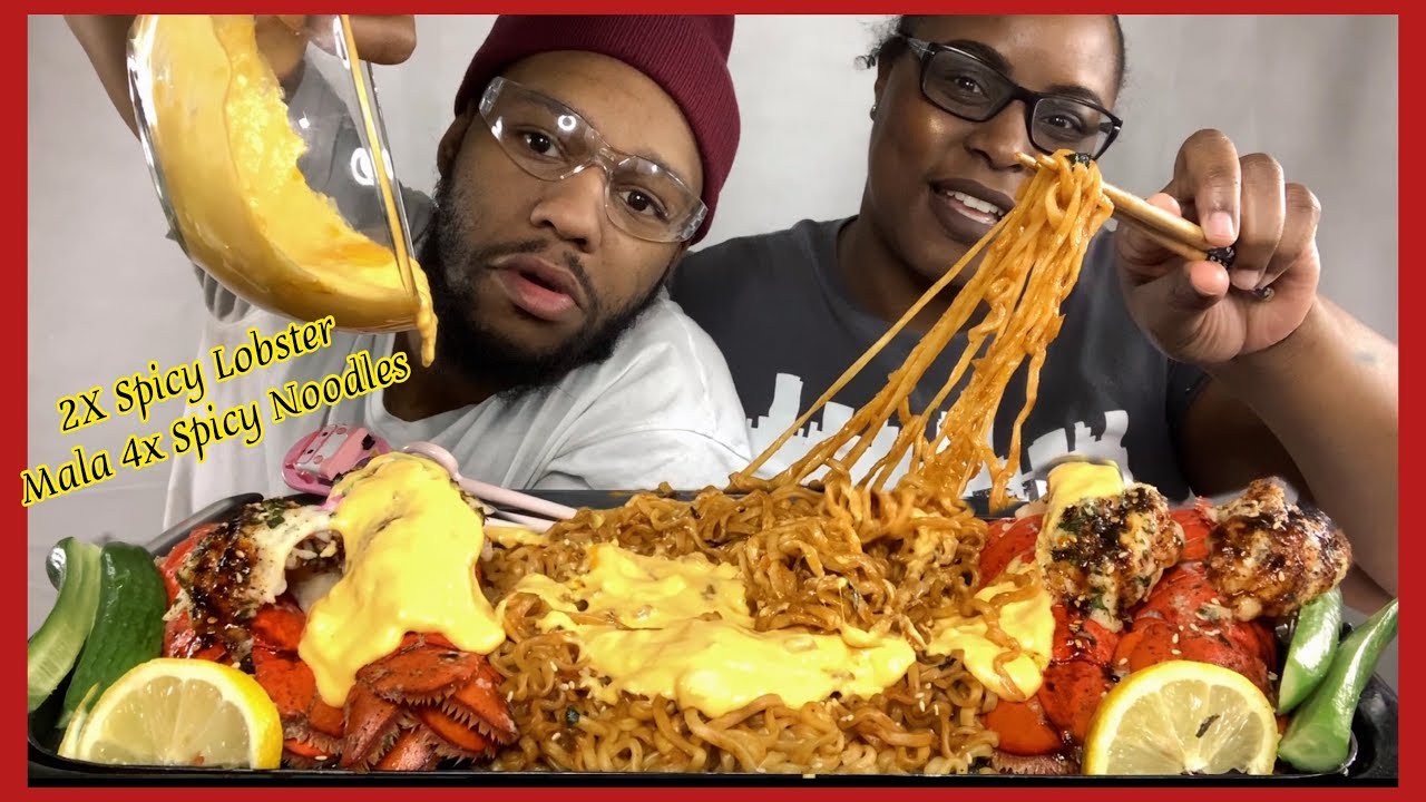 2X SPICY LOBSTER TAILS & 4X SPICY MALA NOODLES MUKBANG WITH CHEESE ...
