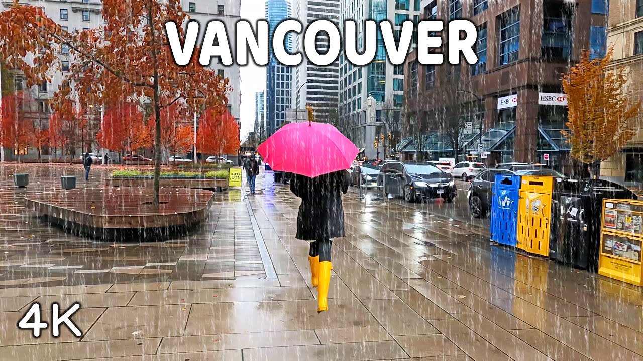 🇨🇦 【4K】⛈️⛈️⛈️🍁 Heavy Rain in Downtown Vancouver BC. Travel Canada ...