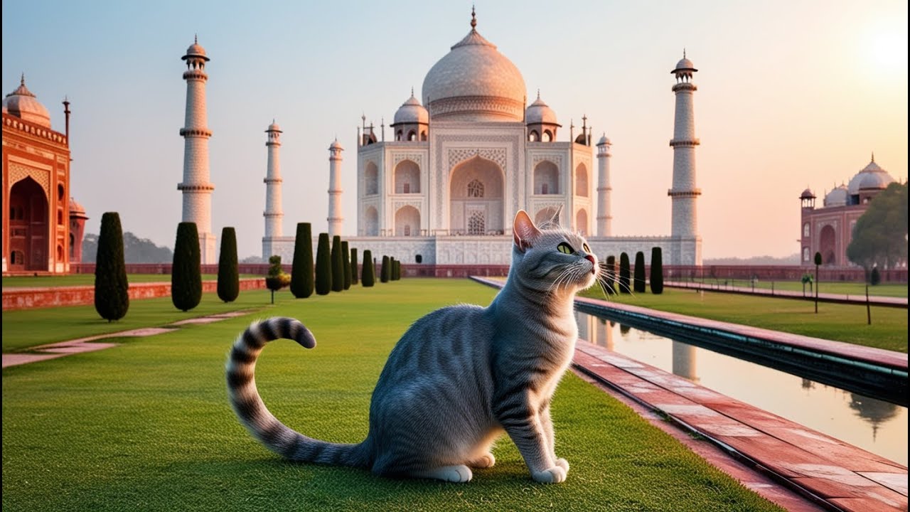 A cat sits on the green lawn of the Taj Mahal| Calm Nausea, Headaches ...