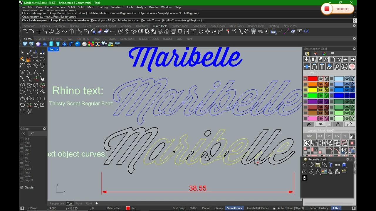 Curve boolean of text object (script Font) on Rhino (solved on Description) - YouTube