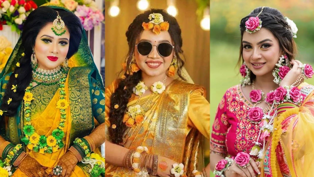 Top 50+ Bangladeshi Bridal Look || Gaye Holud Makeup Outfits & Flower ...