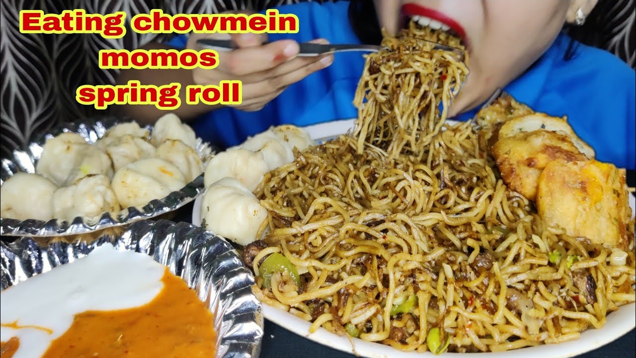 Eating spicy chowmein , momos , spring roll🥵 || eating street food ...