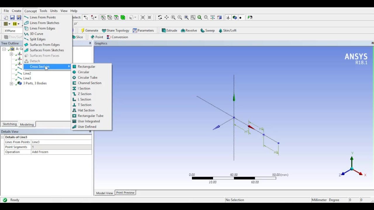1) How to connect two line bodies having different cross-sections in Ansys design modeler ...