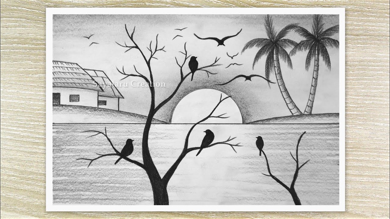 How to draw Sunrise Scenery With Pencil Sketch, Sunset Drawing for ...