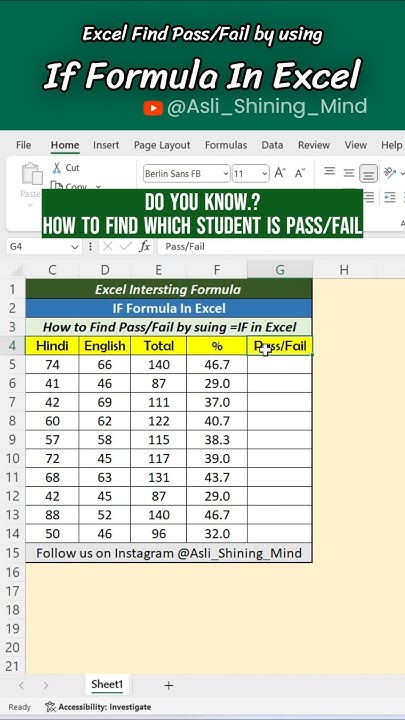 Find Pass/Fail by using If Formula in Excel🤯💥👨‍💻 Excel Amazing Function #shorts #excel # ...