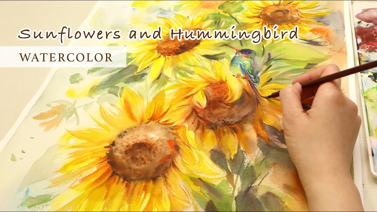 How To Paint Sunflowers with a Hummingbird in Watercolor Painting - YouTube
