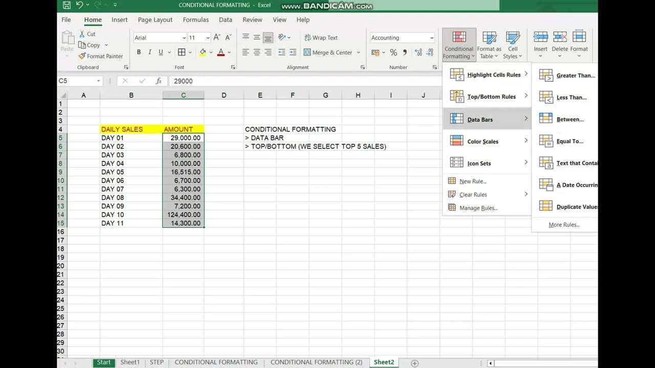 EXCEL CONDITIONAL FORMATTING - DATA BAR & TOP TO BOTTOM - YouTube
