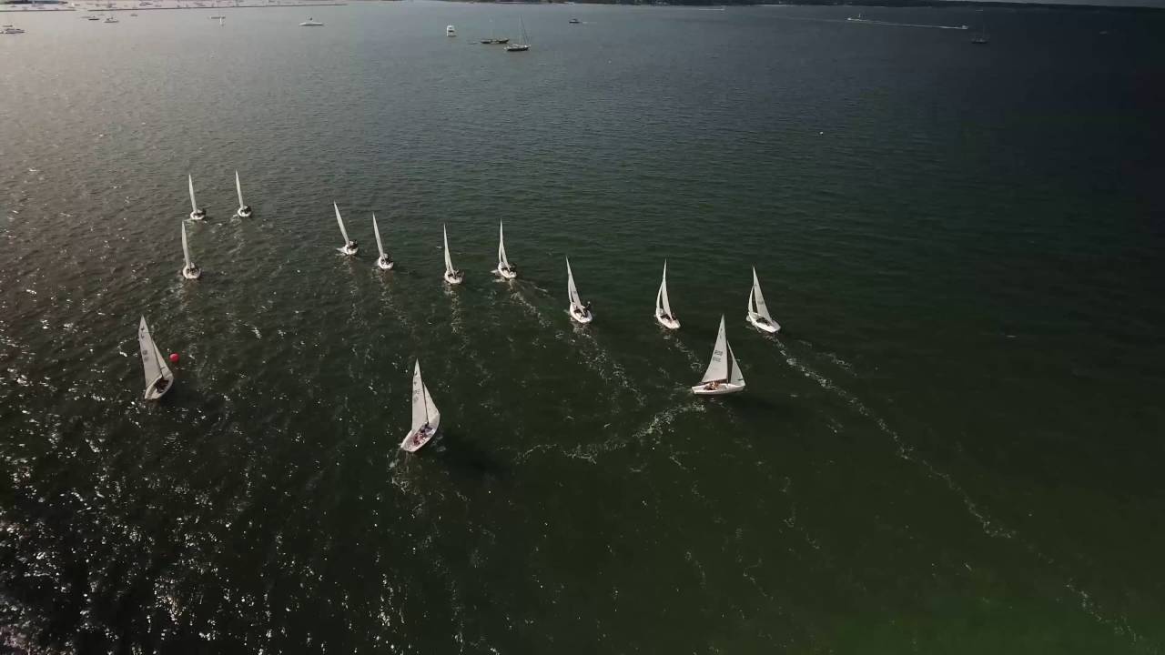 Dinghy sailboat racing, aerial coverage by a drone, JY 15 WOOD ...