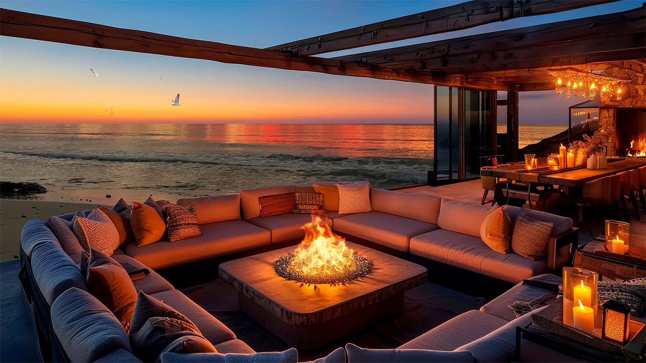 Peaceful Seaside Retreat Night in Elegant Porch Ambience with Fireplace ...