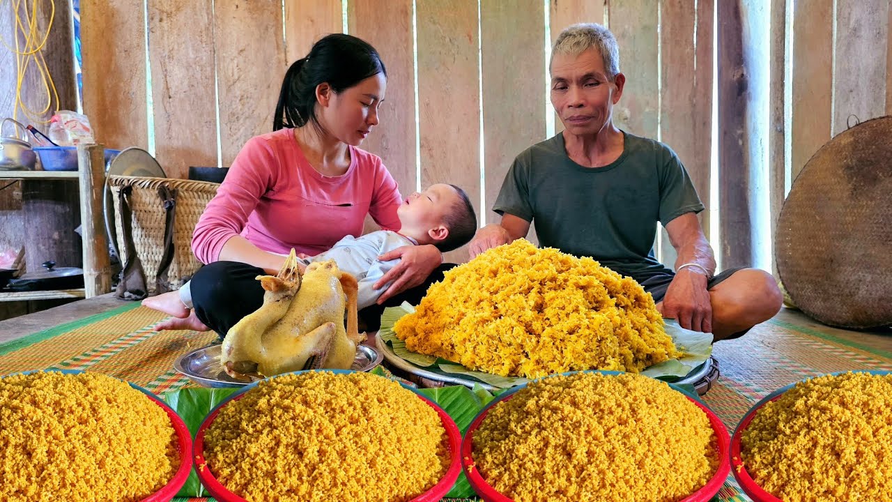 Process of making golden sticky rice from turmeric - Cooking with ...