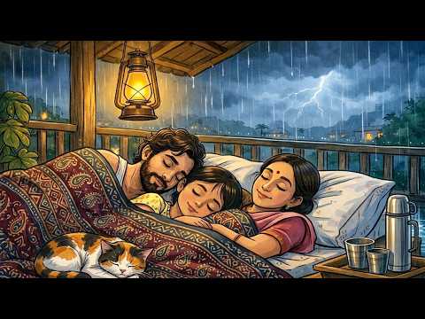1990s Village Storm Night | Power Cut & Rooftop Sleep | Ghibli ASMR