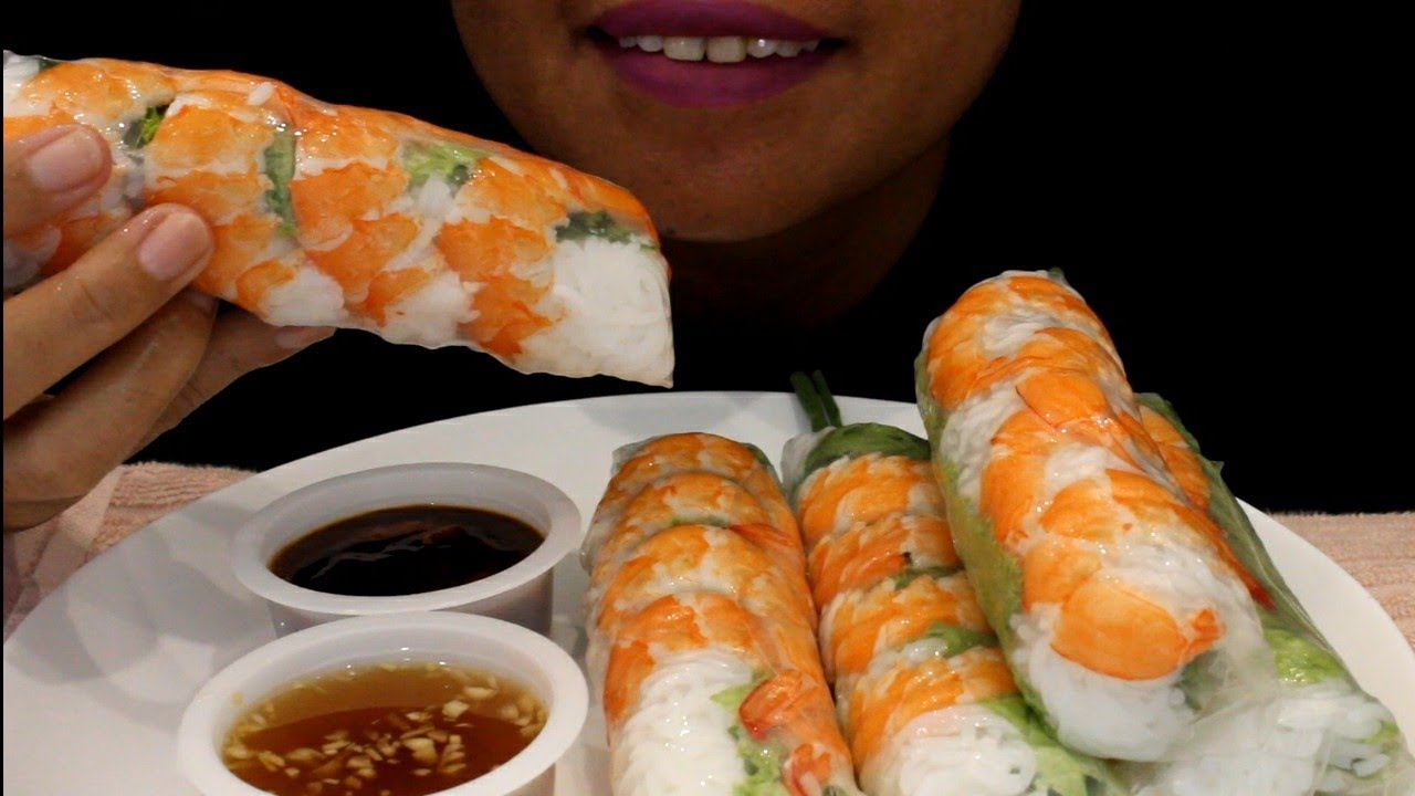 eating spring rolls, fresh prawns spring rolls, No talking angkor asmr ...