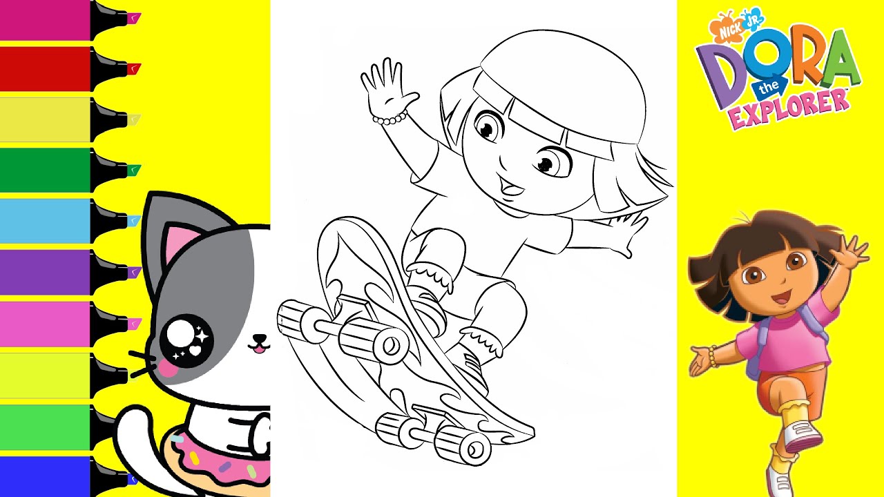 Coloring Dora the Explorer on Skateboard Coloring Book Pages ...
