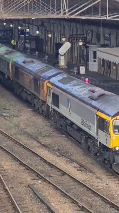 THREE powerful locos (Class 66s) on freight train at Huddersfield # ...