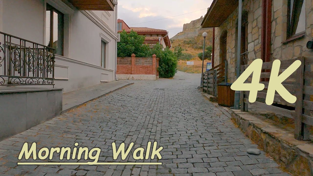 4K Morning walking sounds - Walking in a small town early in the ...