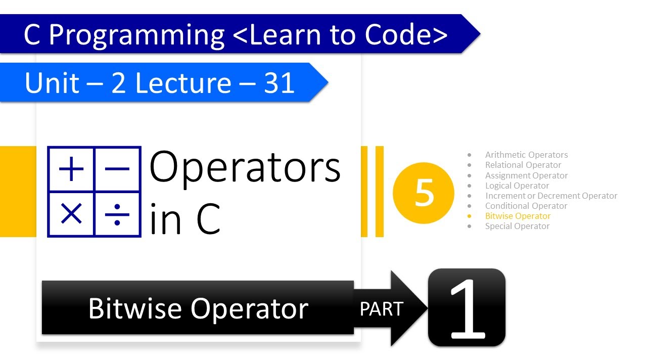 Unit 2 Lecture 31 Operators In C Part 5 Bit Wise Operator Part 1