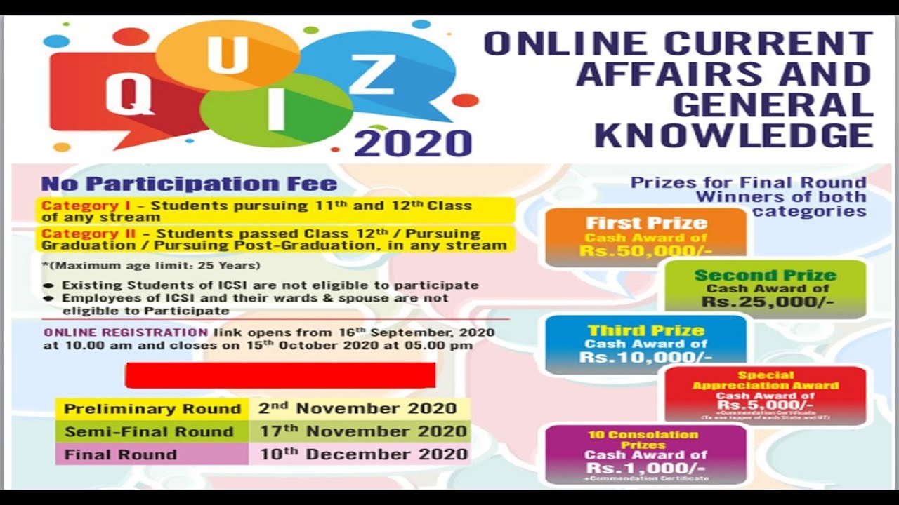 ICSI Quiz on Current Affairs & General Knowledge 2020| Win 50,000 Cash ...